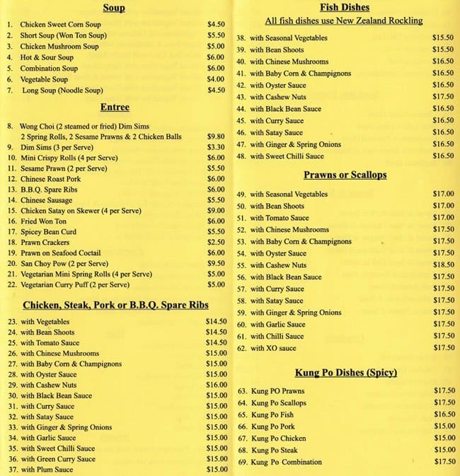Menu at Golden Emperor restaurant, Sunbury
