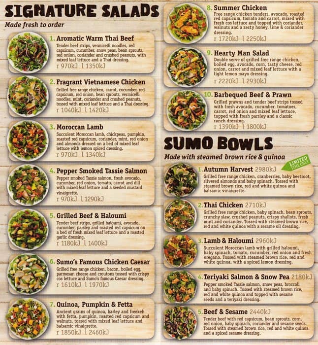Menu at Sumo Salad restaurant, Adelaide, Adelaide Central Plaza