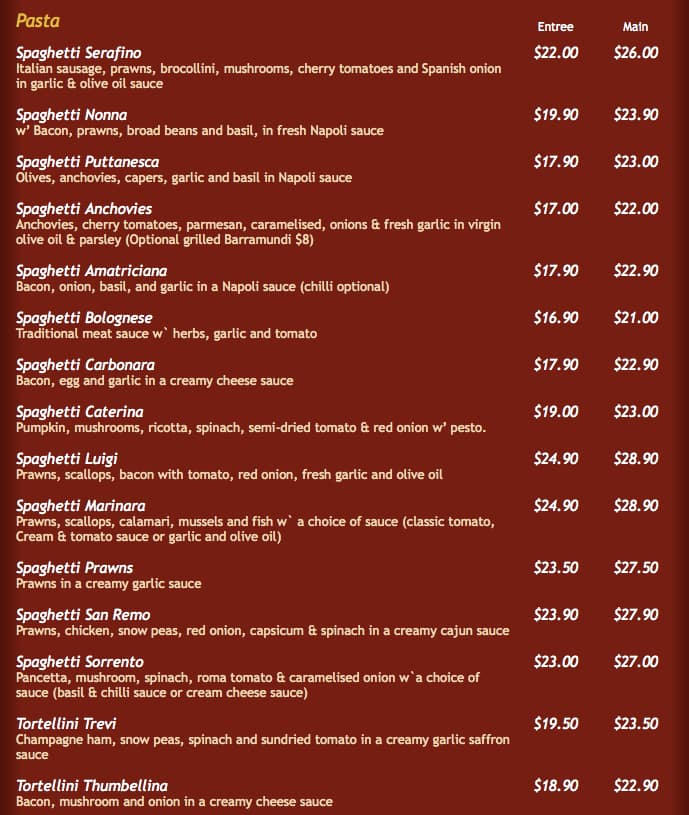 Menu at The Rustic Olive restaurant, Redcliffe