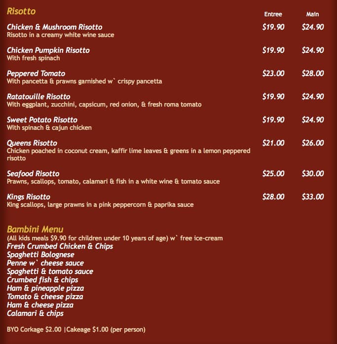 Menu at The Rustic Olive restaurant, Redcliffe