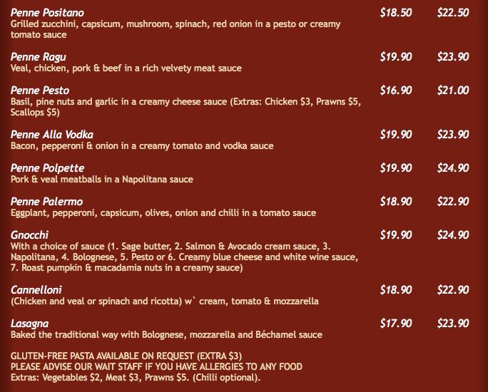 Menu at The Rustic Olive restaurant, Redcliffe