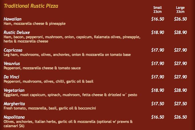 Menu at The Rustic Olive restaurant, Redcliffe