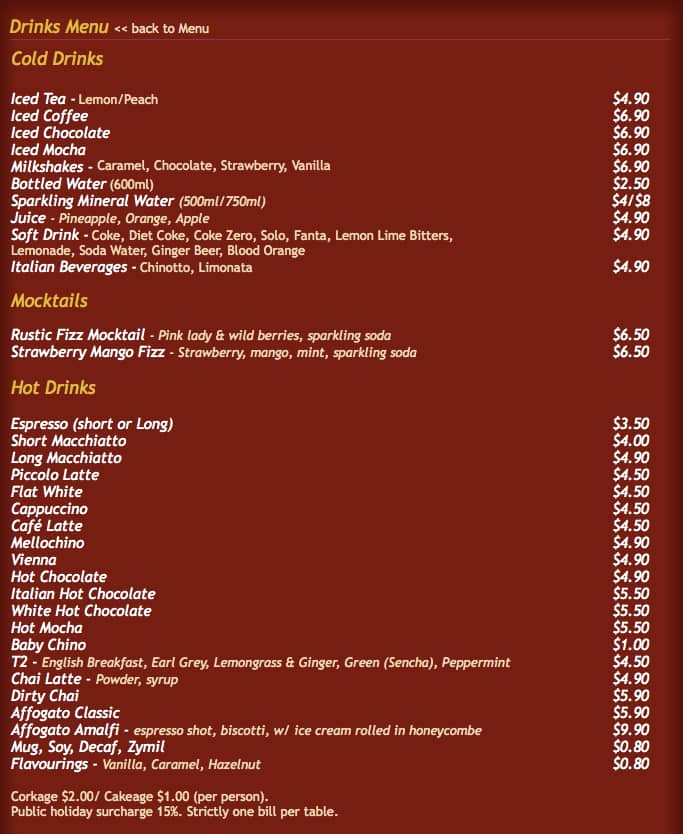 Menu at The Rustic Olive restaurant, Redcliffe