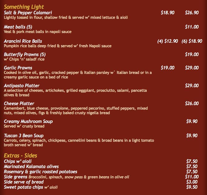 Menu at The Rustic Olive restaurant, Redcliffe