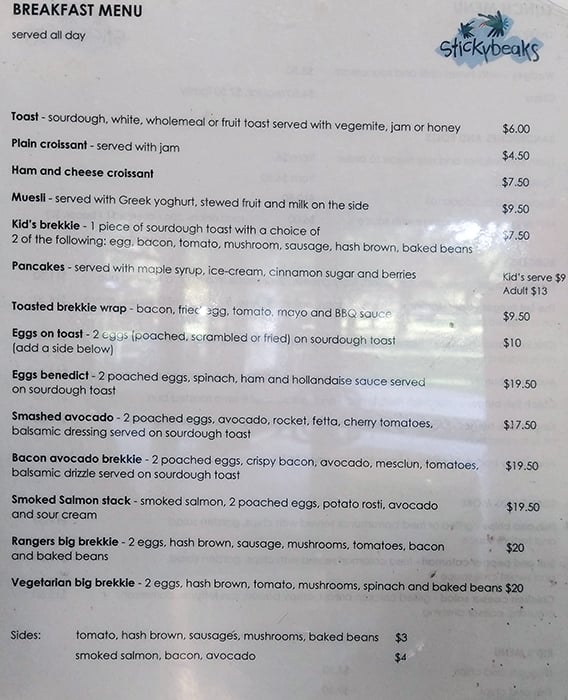 Menu at Biara cafe, Perth