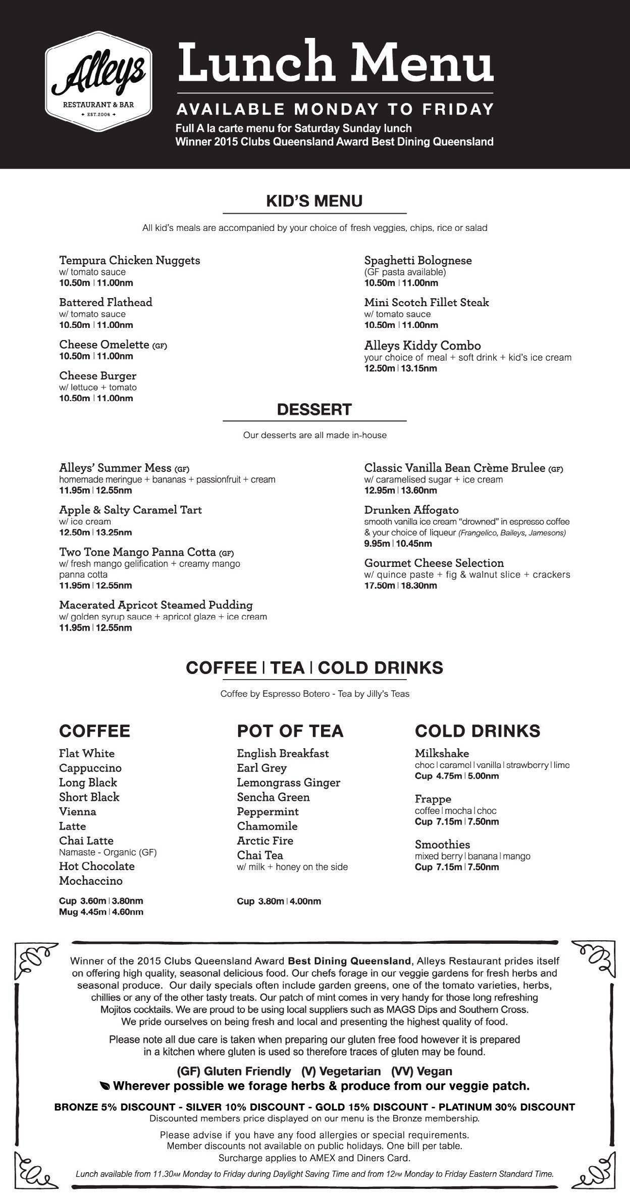 Menu at Alleys Restaurant at Currumbin RSL, Currumbin