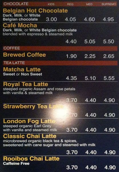 Menu at Blenz Coffee cafe, Vancouver, Library Square