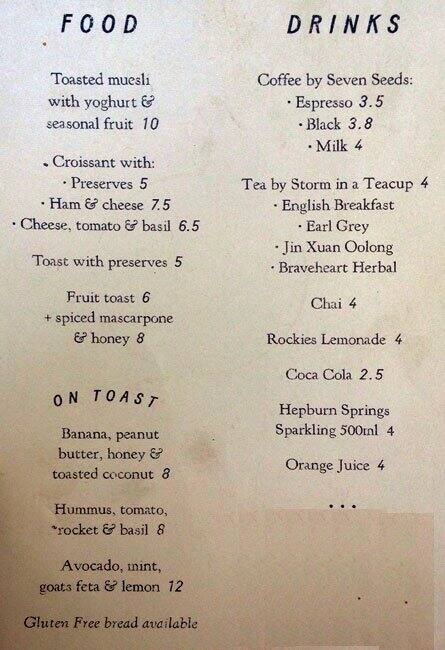 Menu at Burnside cafe, Melbourne