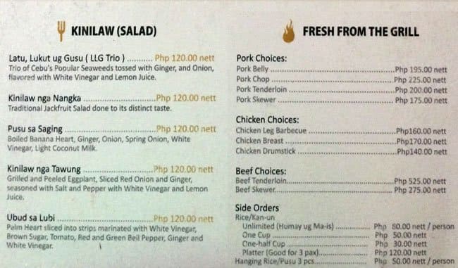 Menu at Kan Anan restaurant, Cebu City