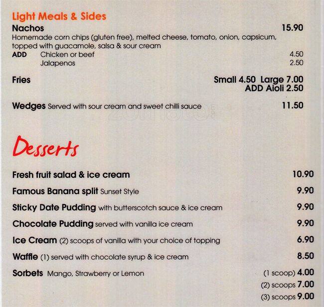 Menu at Sunset Waterfront Grill pub & bar, Main Beach