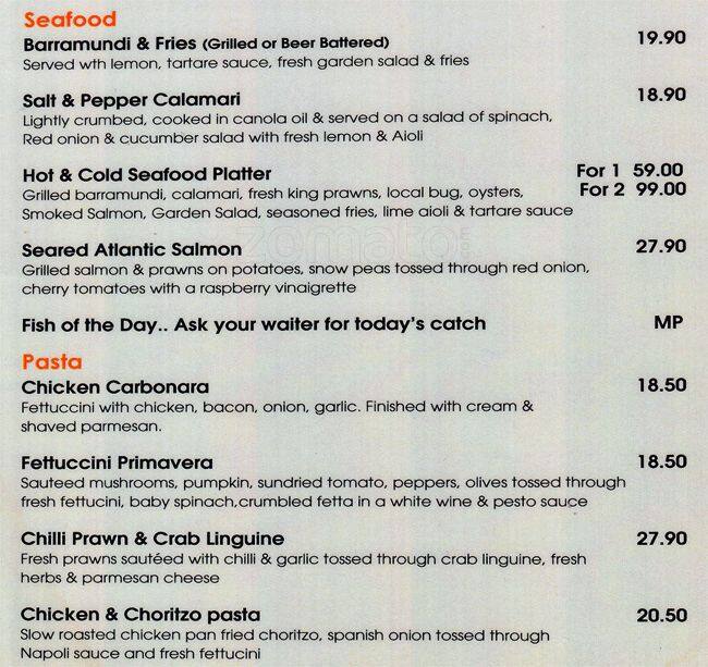 Menu at Sunset Waterfront Grill pub & bar, Main Beach