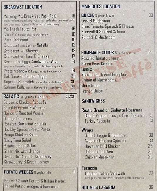 Menu at The Warehouse Caffe restaurant, Dubai