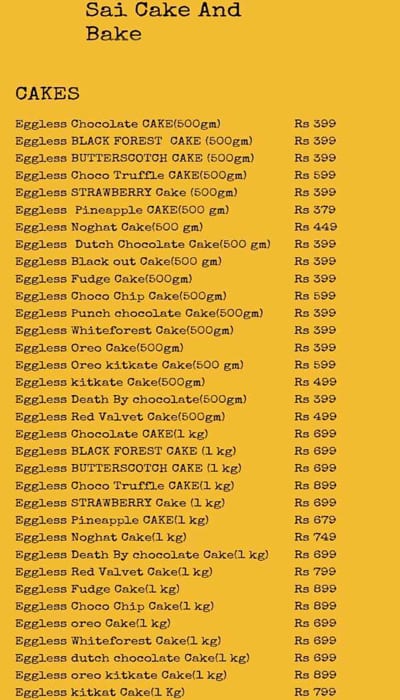 Menu of Sai Cake And Bake, Shadipur, New Delhi