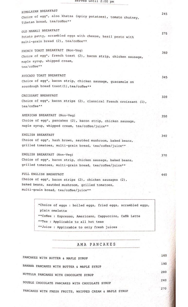 Menu at AMA Cafe, Dehradun