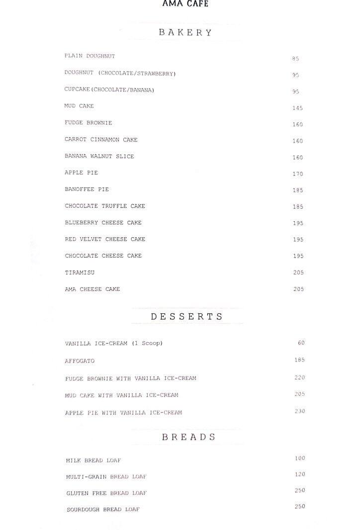 Menu at AMA Cafe, Dehradun