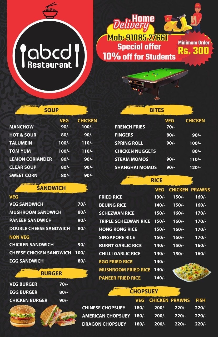Menu of ABCD Restaurant, Electronic City, Bangalore