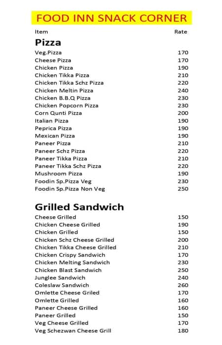 Menu of Food Inn Snacks Corner, Marol, Mumbai