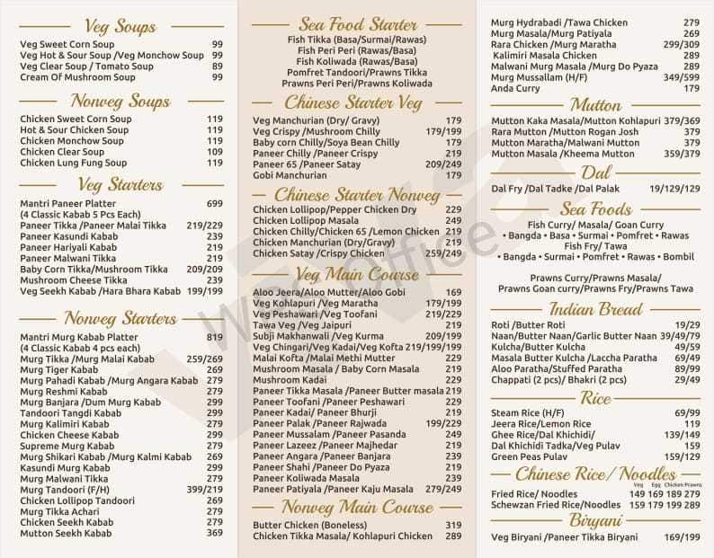 Menu of Mantri Restaurant, Akurdi, Pune