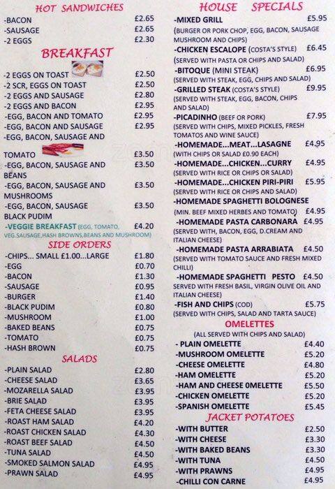 Menu at TIA ROSA cafe, London