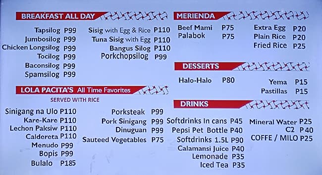 Menu at Rodic's restaurant, Quezon City, UP Town Center