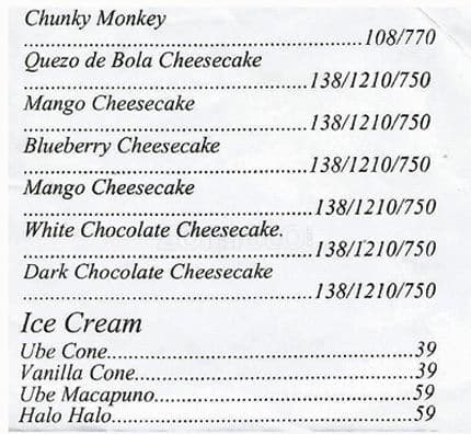 Menu at Patisserie Filipino desserts, Quezon City