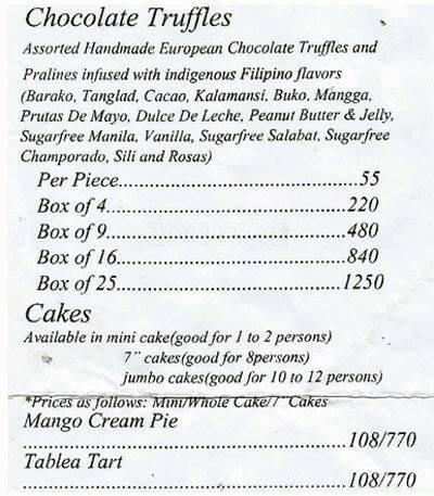 Menu at Patisserie Filipino desserts, Quezon City
