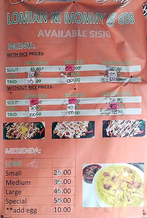 Menu at Lomian ni Mommy (Pero sisig tinda) restaurant, Manila