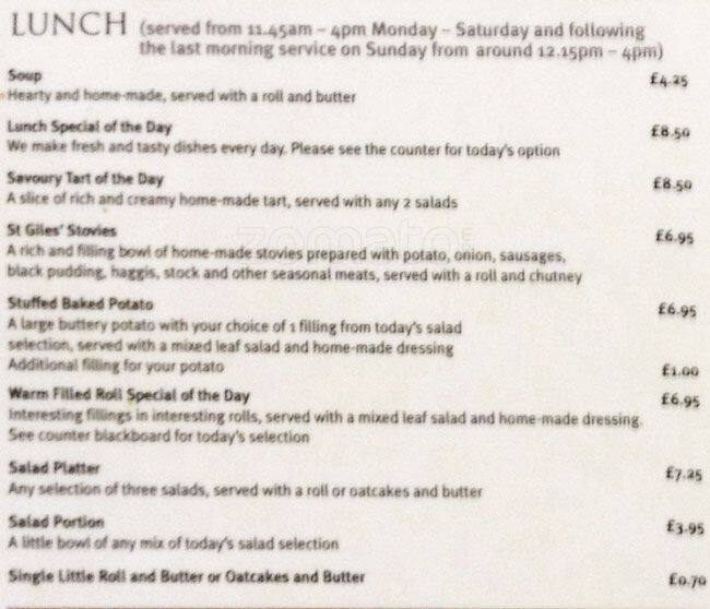 Menu at Saint Giles' Cathedral Cafe, Edinburgh