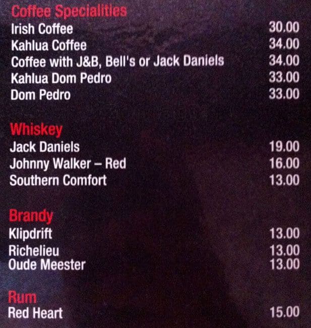 Menu at Senzi's on Faya restaurant, Margate, William O'Connor Dr