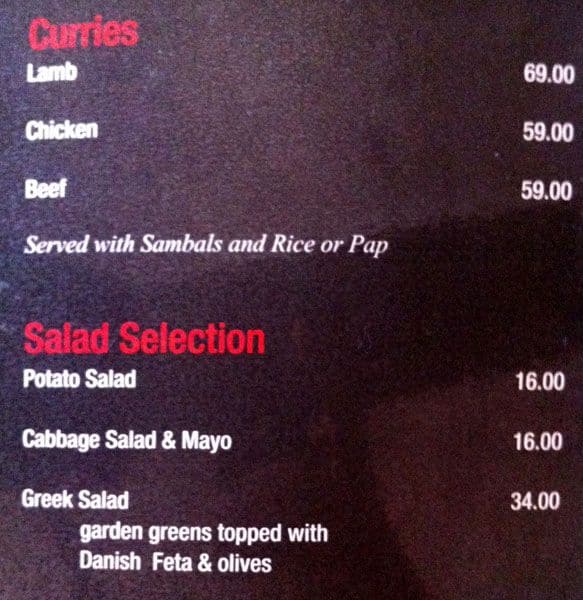 Menu at Senzi's on Faya restaurant, Margate, William O'Connor Dr