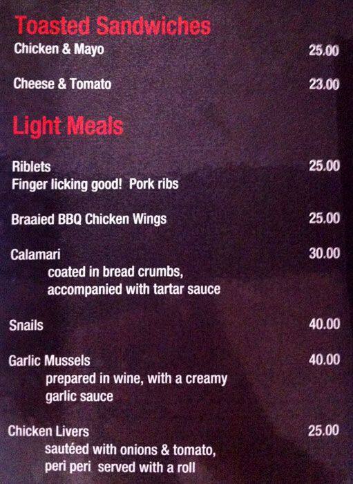 Menu at Senzi's on Faya restaurant, Margate, William O'Connor Dr
