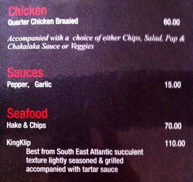Menu at Senzi's on Faya restaurant, Margate, William O'Connor Dr