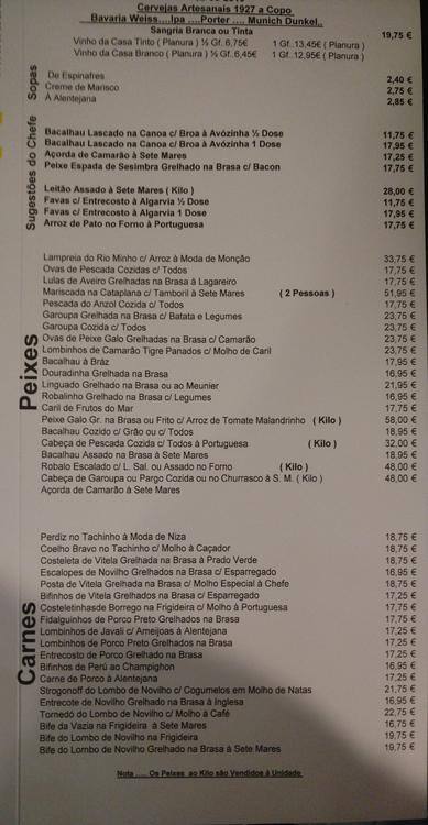 Menu em Sete Mares restaurante, Lisboa, Av. Columbano Bordalo Pinheiro 108