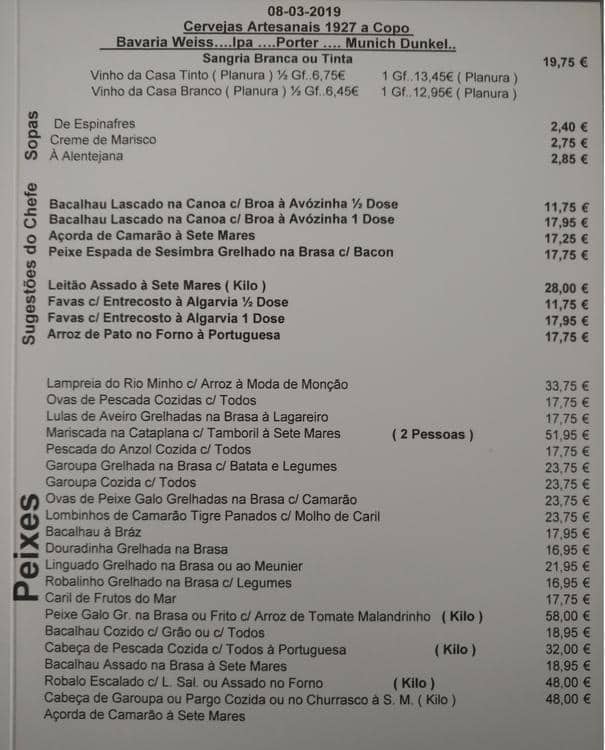 Menu em Sete Mares restaurante, Lisboa, Av. Columbano Bordalo Pinheiro 108