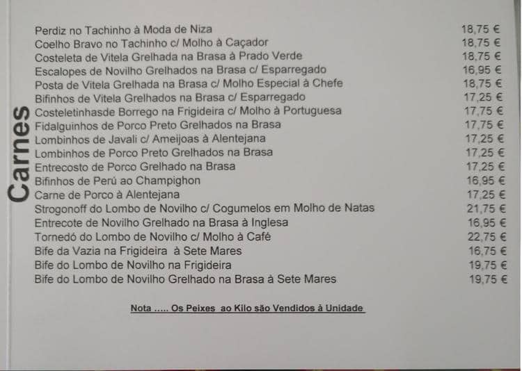 Menu em Sete Mares restaurante, Lisboa, Av. Columbano Bordalo Pinheiro 108