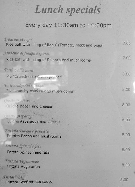 Menu at Dolci Sapori cafe, Brisbane Airport