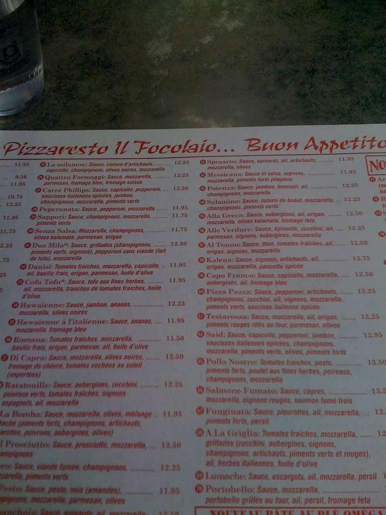 Menu at Pizza Il Focolaio pizzeria, Montreal