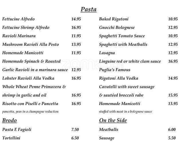 Menu at Puglia restaurant, New York City, 189 Hester St