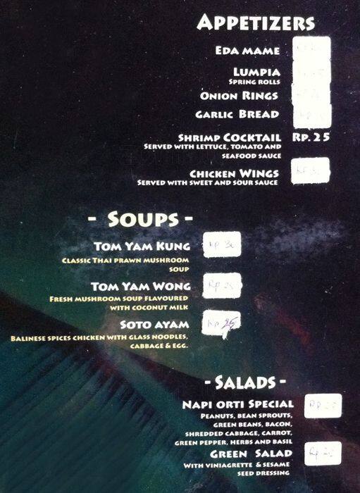 Menu at Napi Orti pub & bar, Ubud, Jalan Jembawan 1