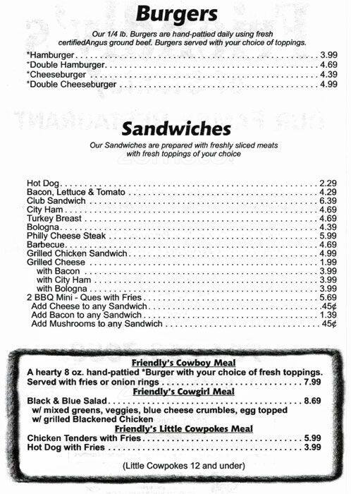 Menu at Friendly's of Stanley restaurant, Stanley, 119 N Main St