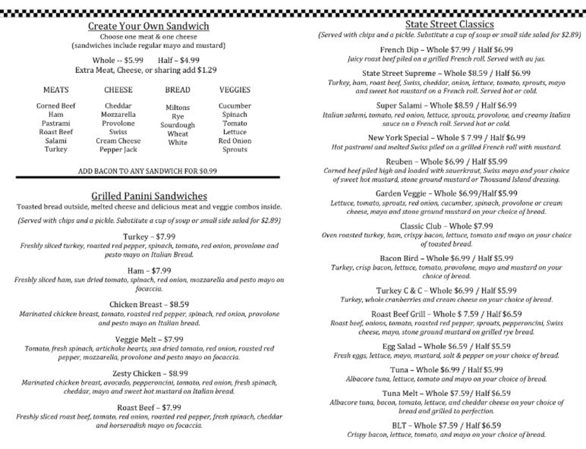 Menu at State Street Deli restaurant, Sedro-Woolley
