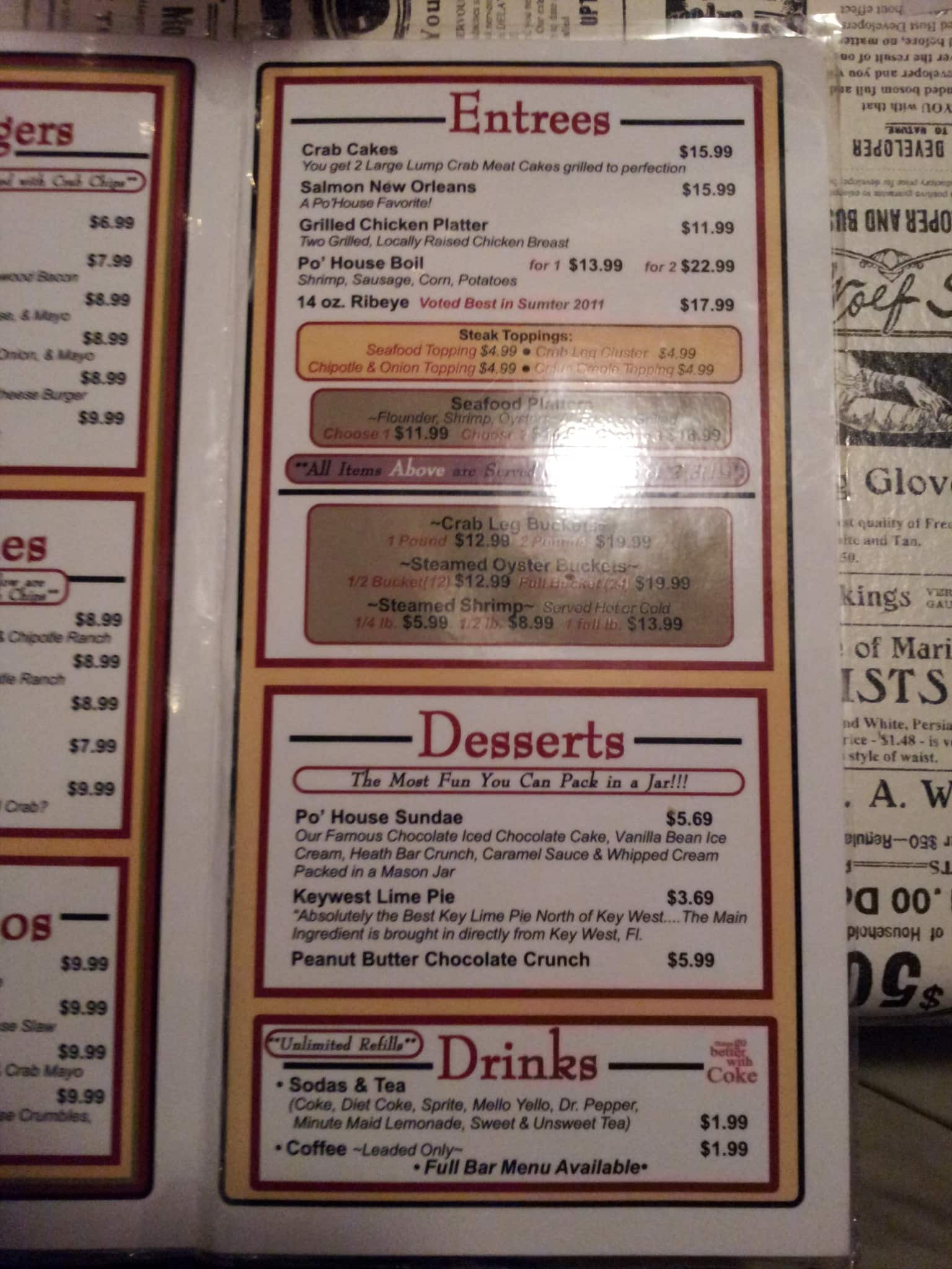 Menu at Palmetto Oyster House restaurant, Sumter
