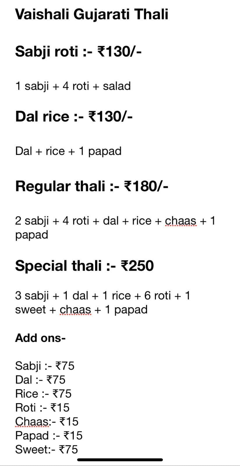 Menu of Vaishali Gujarati Thali, Vasai, Mumbai