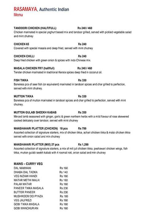 Menu of Rasamaya Authentic Indian, Yelahanka, Bangalore