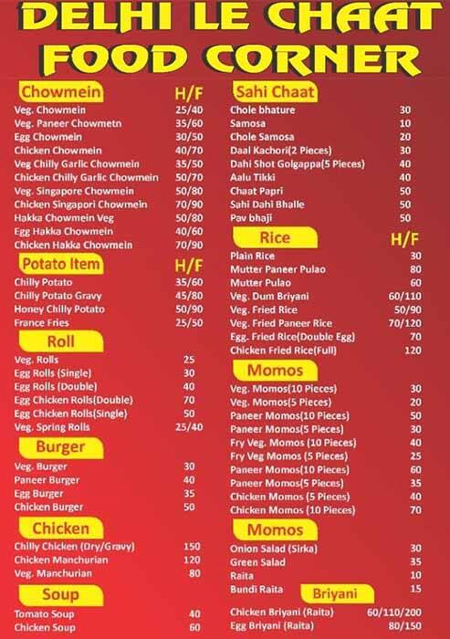 Menu of Delhi Le Chaat Food Corner, Sector 50, Noida