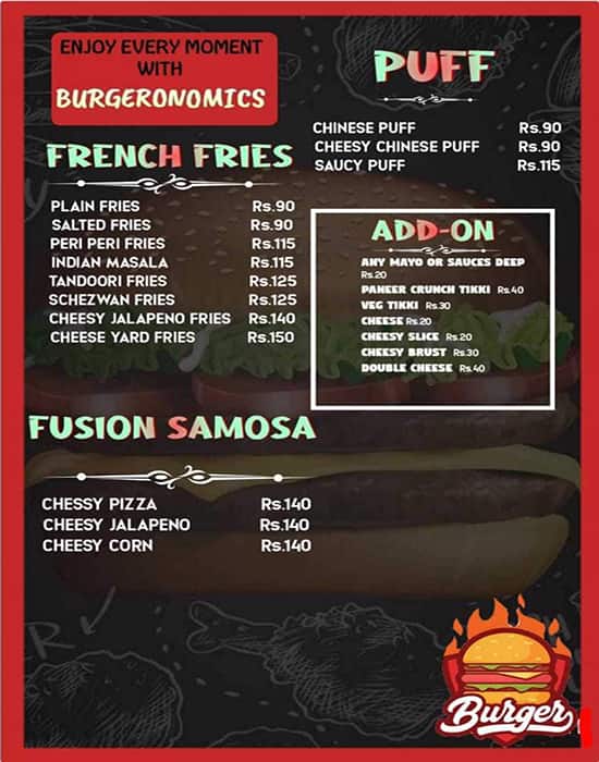 Menu of Burgernomics, Shahibagh, Ahmedabad
