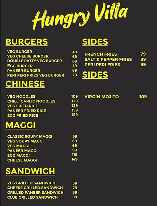 Menu of Hungry Villa, NIT, Faridabad