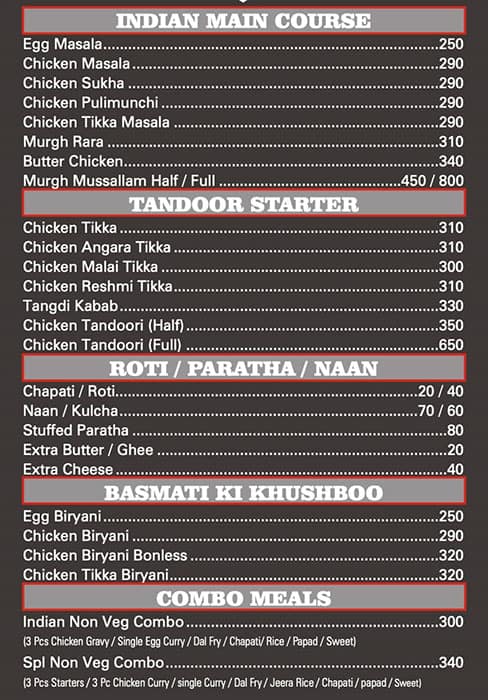 Menu of South Coast, Bandra Kurla Complex, Mumbai