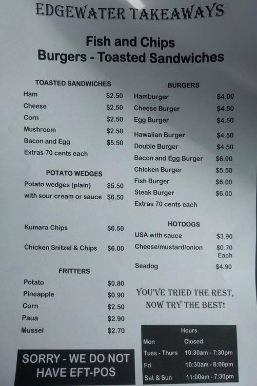 Menu at Edgewater Takeaways cafe, Auckland, 113 Ti Rakau Dr