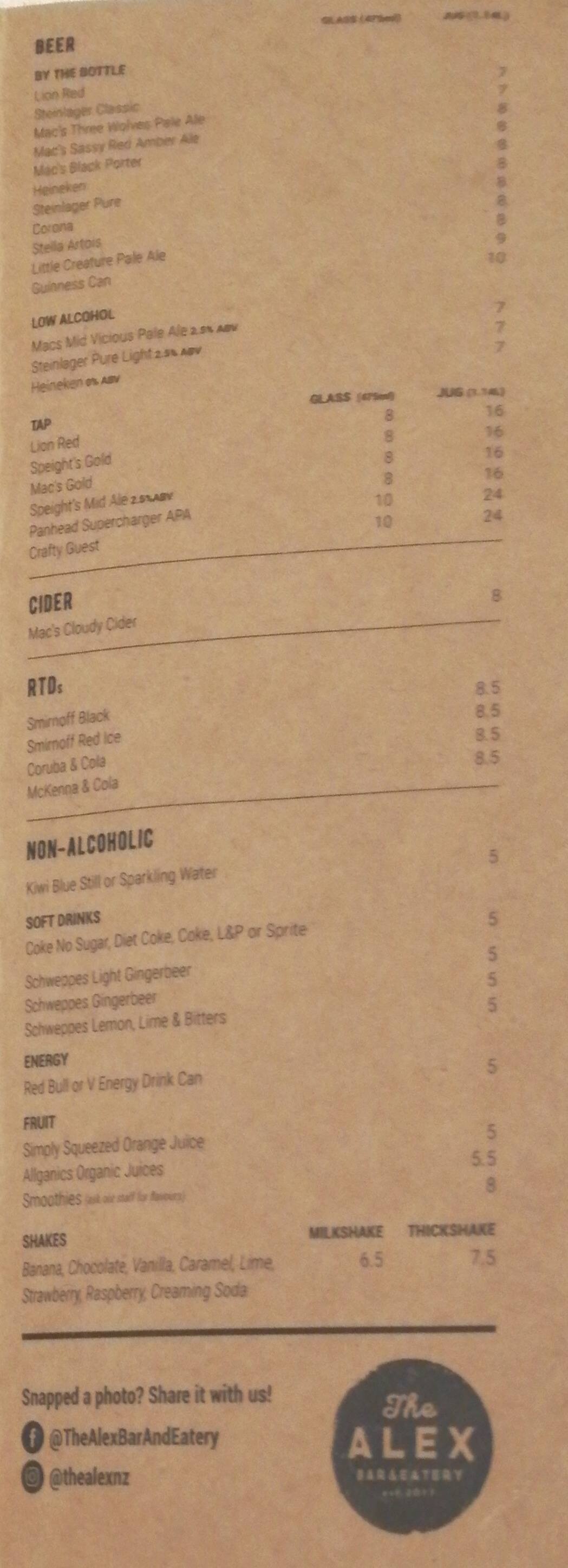 Menu at The Alex Sports Bar & Eatery, Auckland